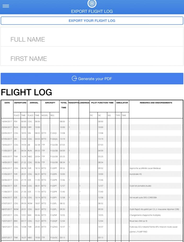 Export PDF Logbook (EASA and FAA) - FlightLog