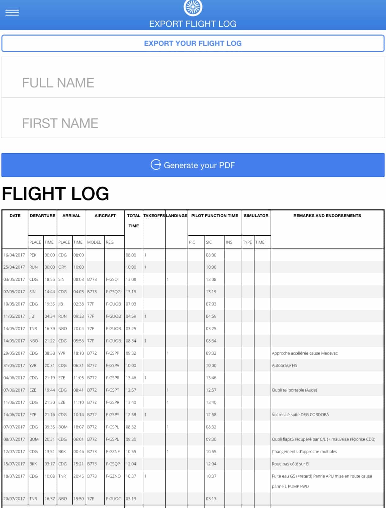 Export PDF Logbook (EASA and FAA) - FlightLog